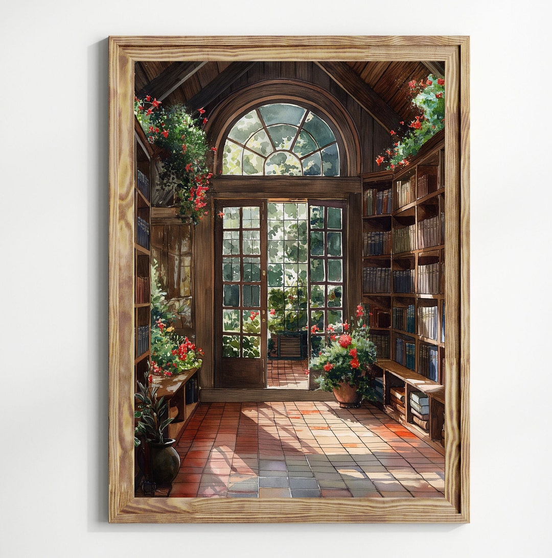 Vintage Library Poster, Greenhouse Library Reading , Book Lovers Gift ...