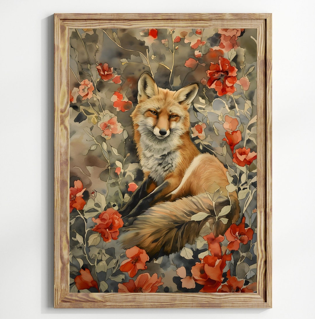 Fox and Wildflowers Moody Painting, Forestcore Art, Moody Botanical ...