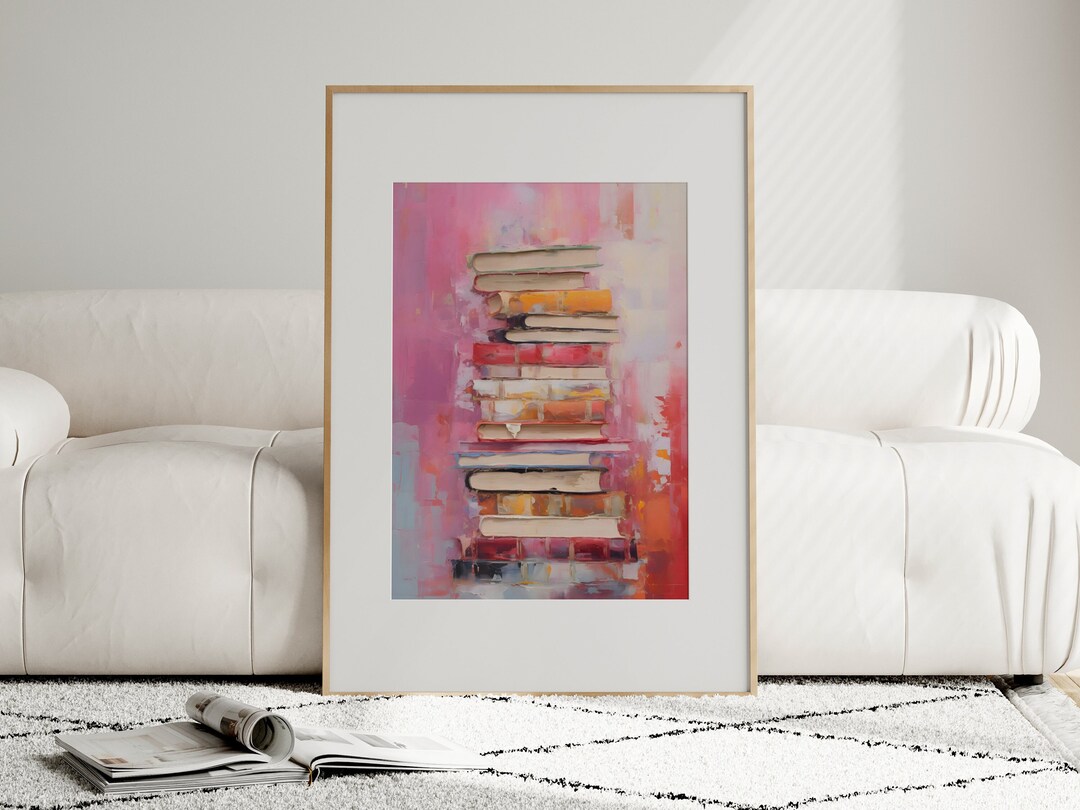 Bookish art Pink Abstract stack of books Art Print Matte Vertical ...