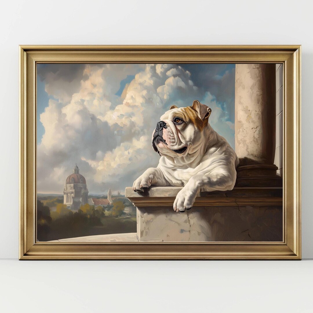Regal Bulldog Balcony Art Print – Majestic Dog Painting, European ...