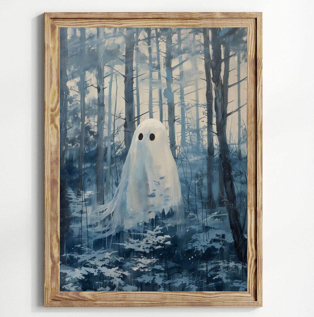 Ghost in Forest Art Print – Spooky Blue Halloween Wall Decor, Minimal ...