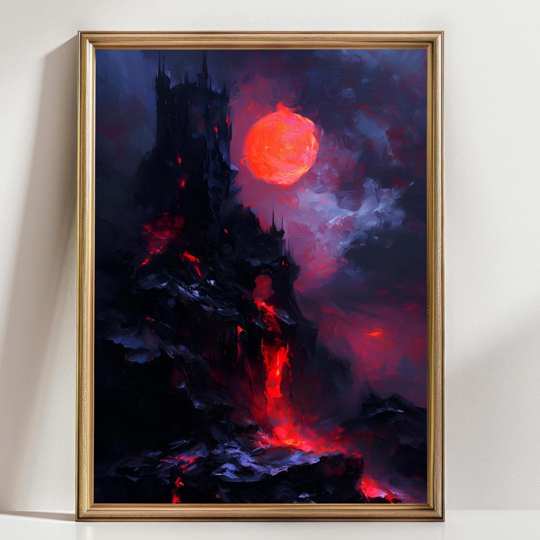 Dark Fantasy Castle Wall Art Print, Gothic Volcano Fortress With Red ...