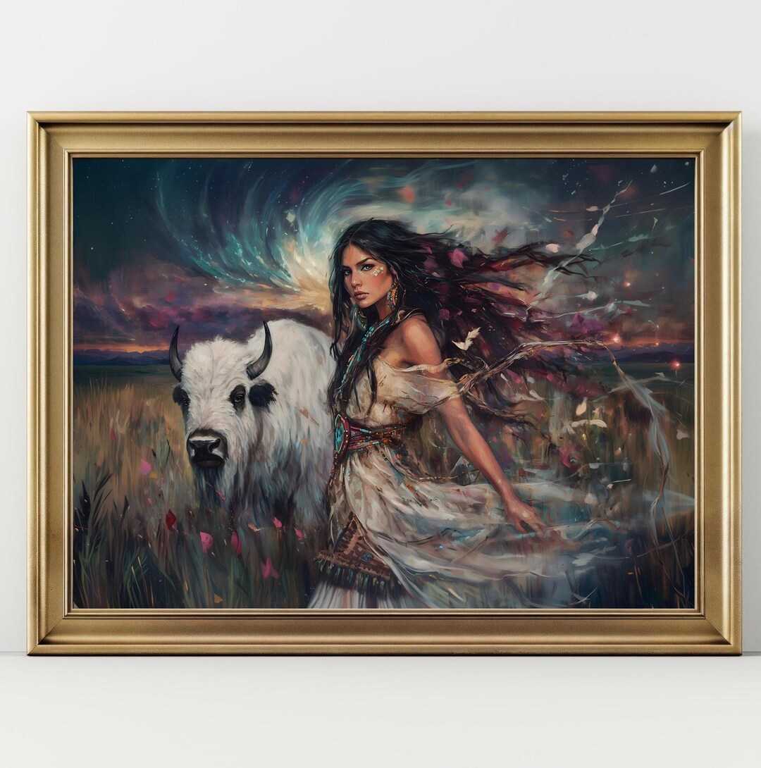 Sioux Goddess With White Buffalo Print, Bison Print Wall Art, Native ...