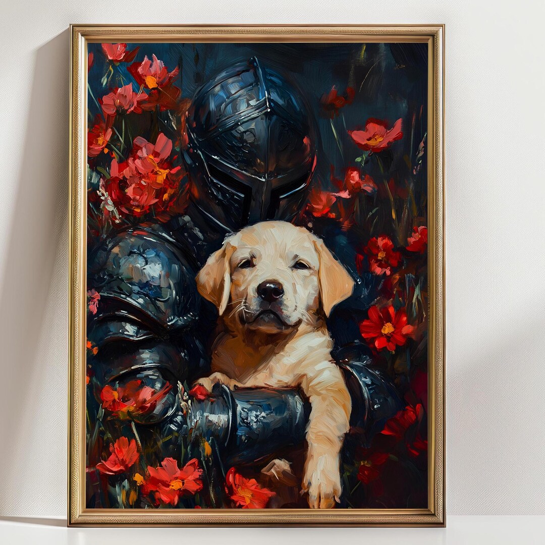 Knight Holding Labrador Puppy Wall Art – Cute Dog Fantasy Print ...