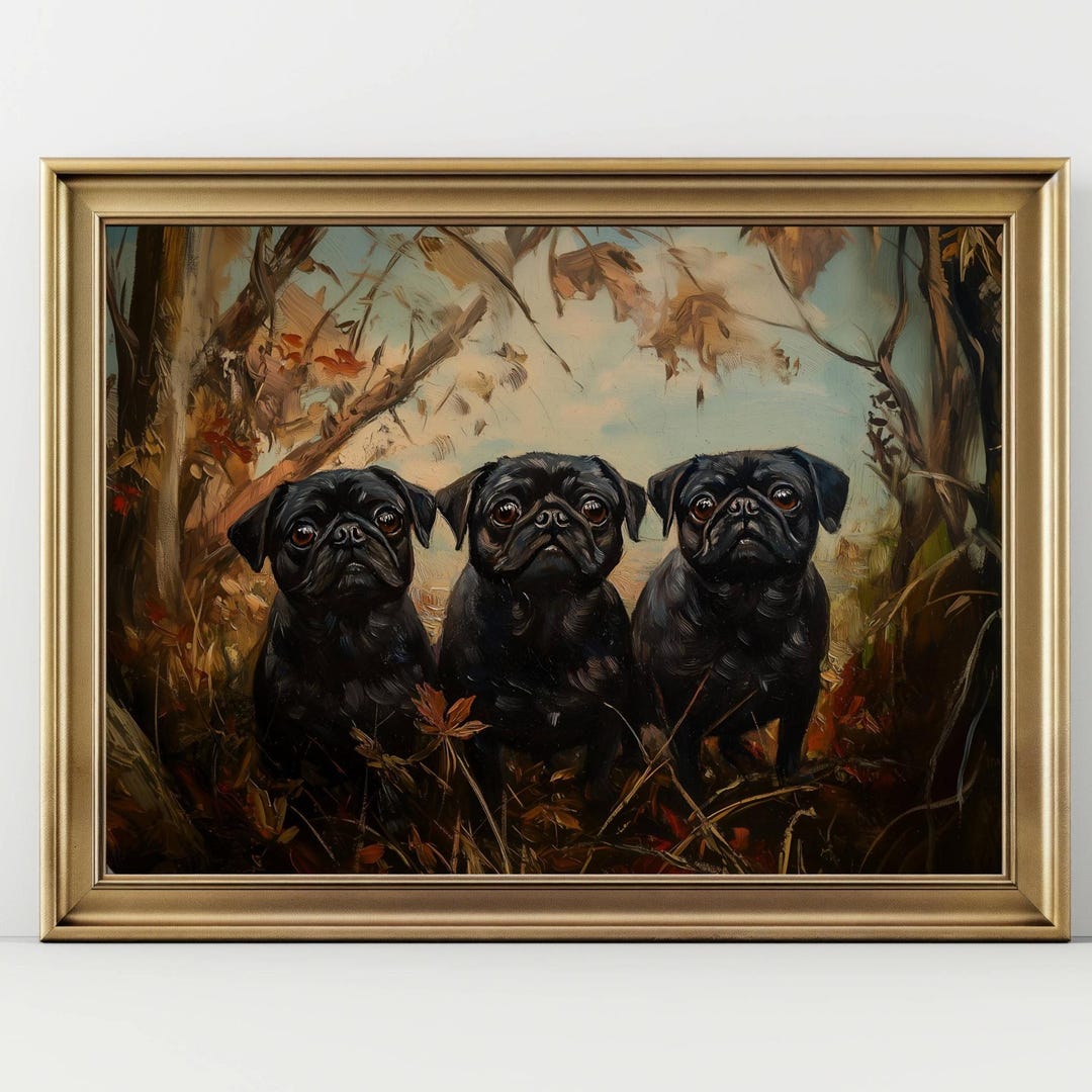 Black Pug Wall Art Print, Trio Dog Painting, Rustic Woodland Pet Lover ...