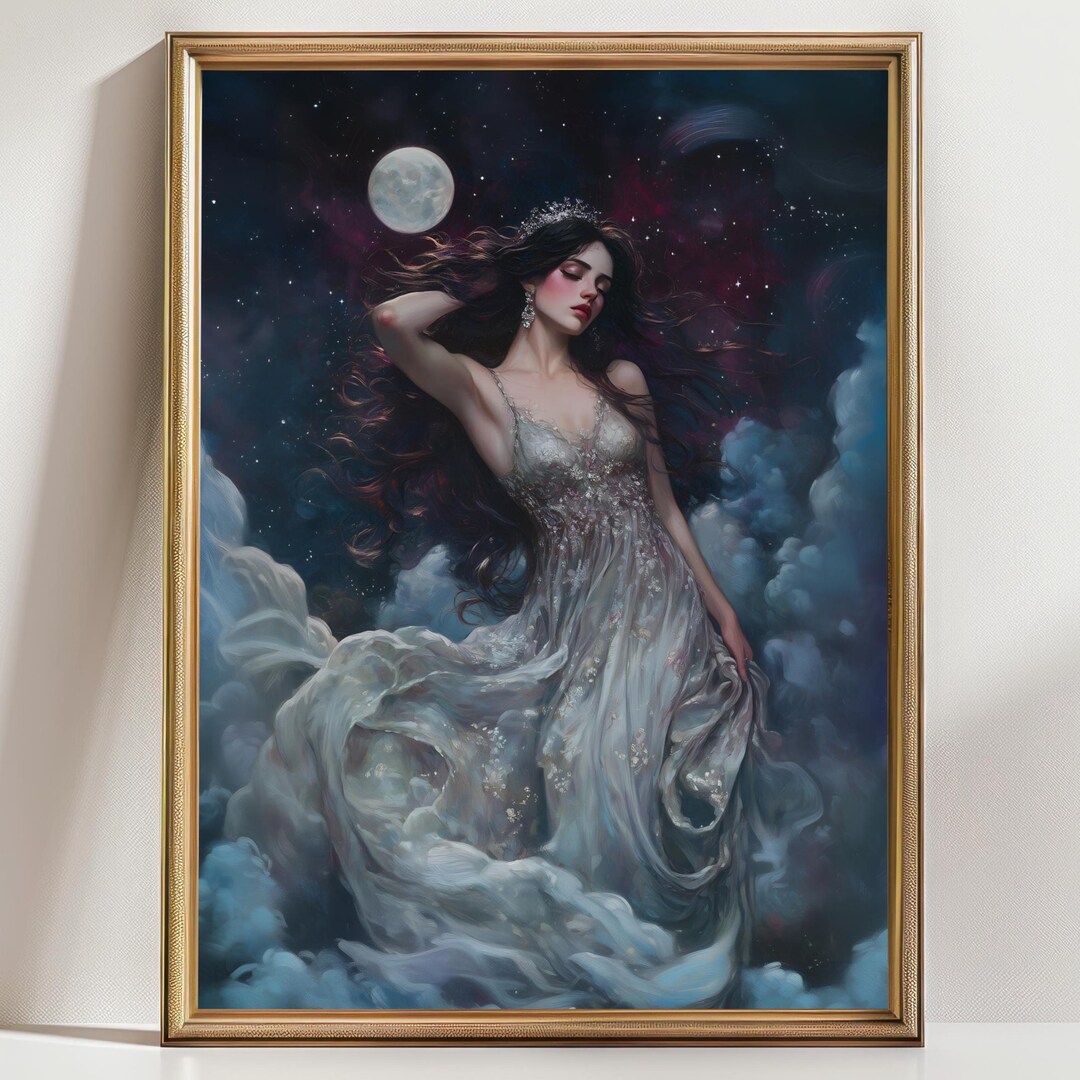 Celestial Moon Goddess Print, Selene Starry Night Wall Art, Mystical ...