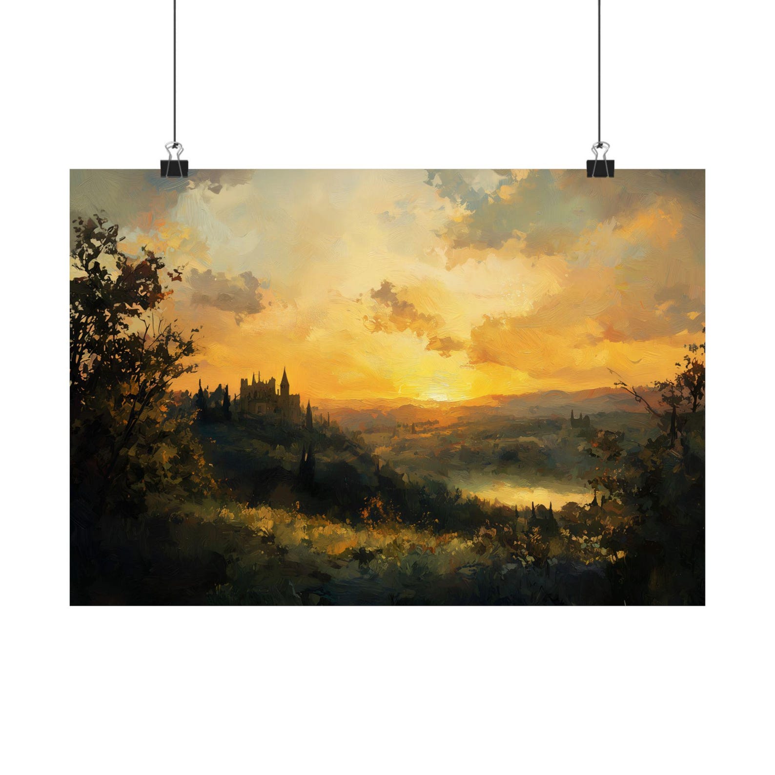 Sunset Castle Landscape Art Print Warm Golden Valley Wall Decor ...