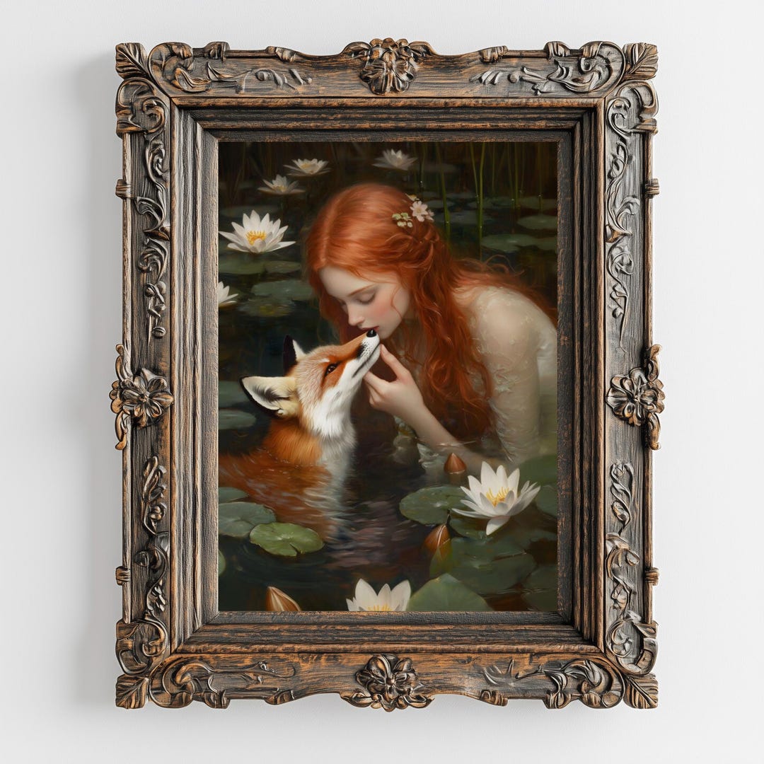 A Girl With Fox Lotus Lake Painting, Forestcore Art, Moody Botanical ...