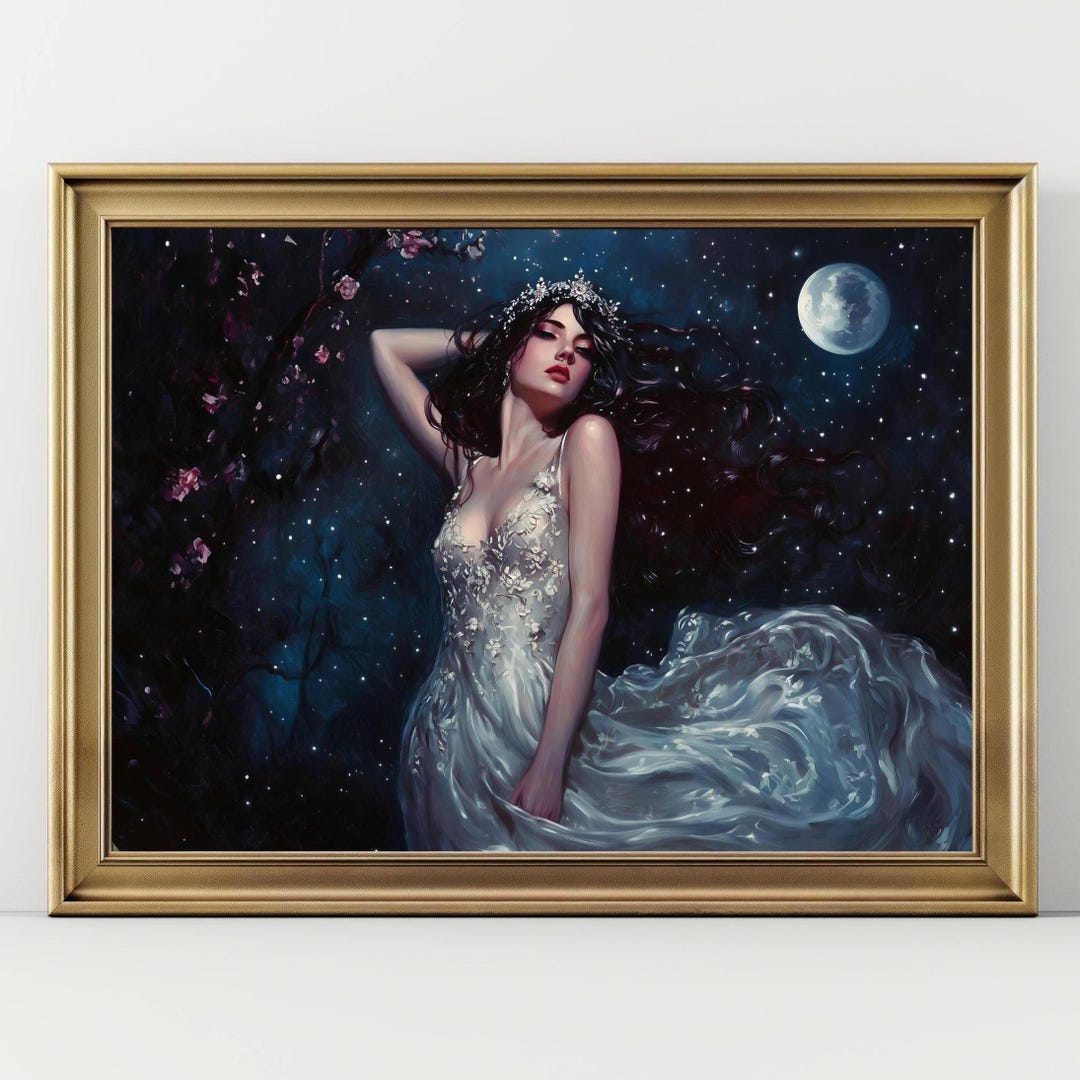 Celestial Goddess Wall Art – Moonlight Fantasy Woman Print, Ethereal ...