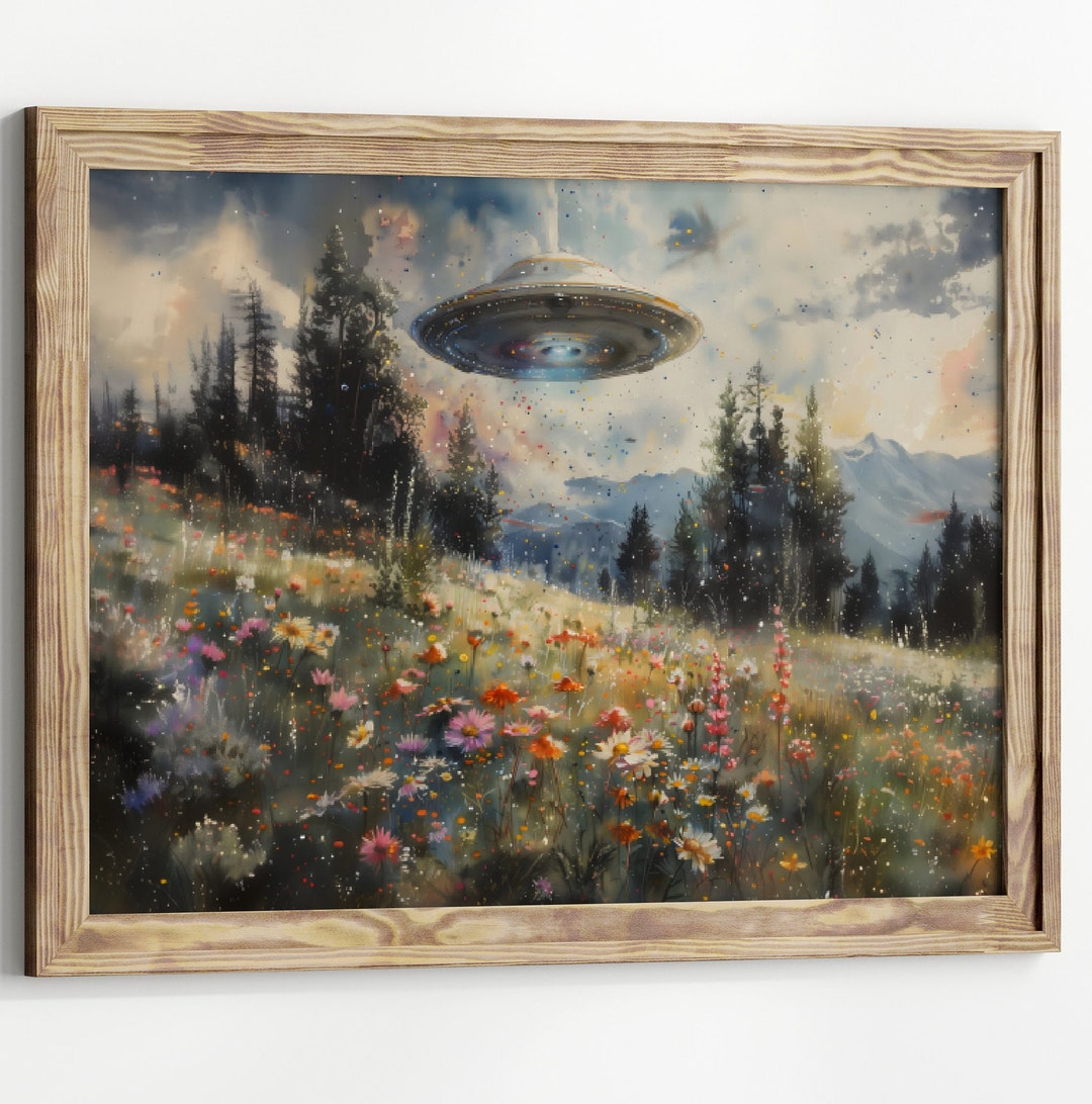 UFO Surreal Art Print,wildflower Meadow, Eclectic Wall Art, Floral ...