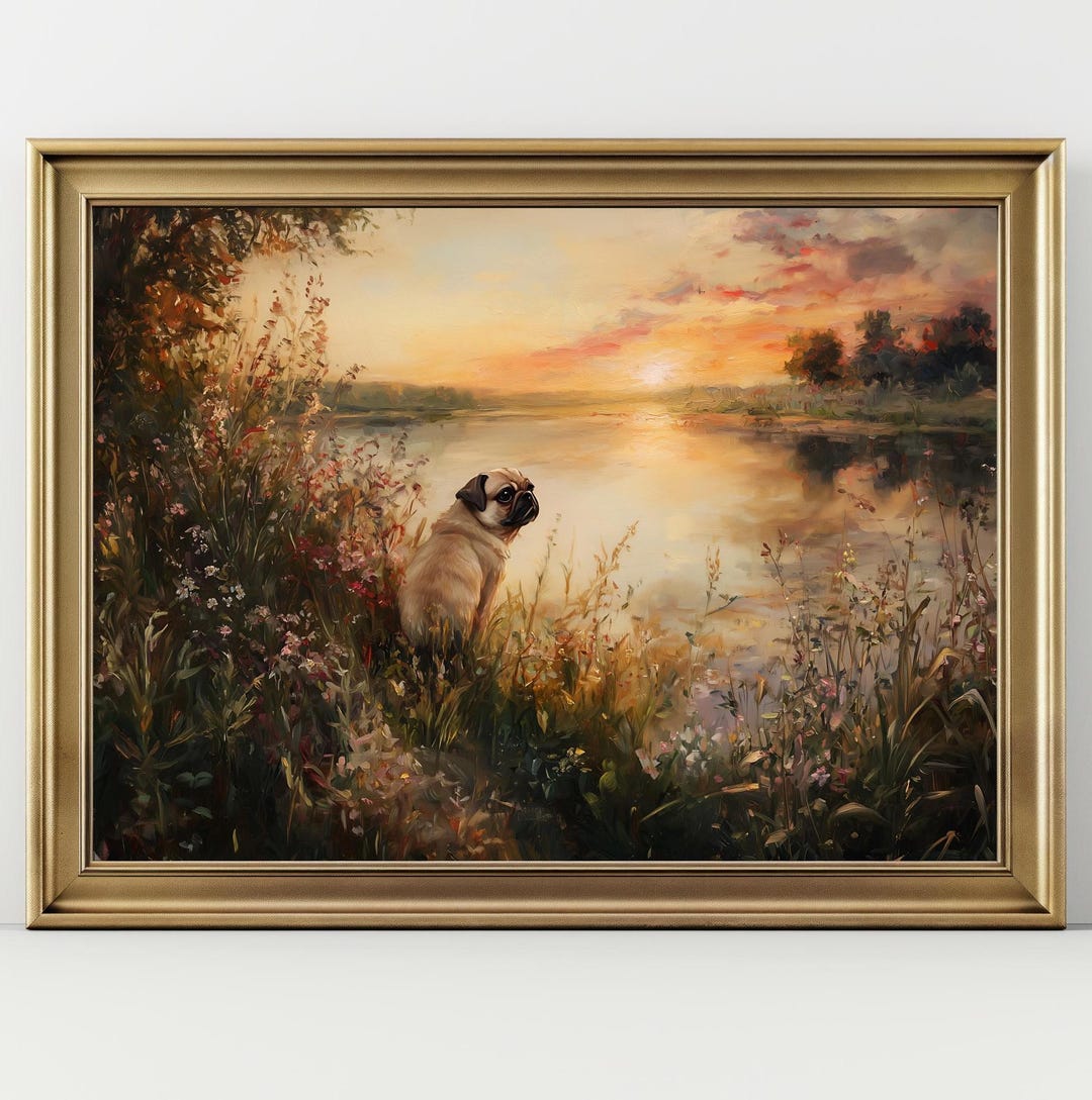 Serene Pug Dog Landscape Poster, Nature Art Print for Pug Dog Lovers ...