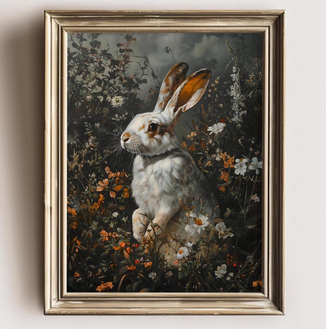 Cottagecore Rabbit Painting Dark Academia Wall Art Vintage Bunny Art ...