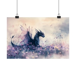 Dragon Watercolor Art Horizontal Poster Print Fantasy Art Forest and a ...