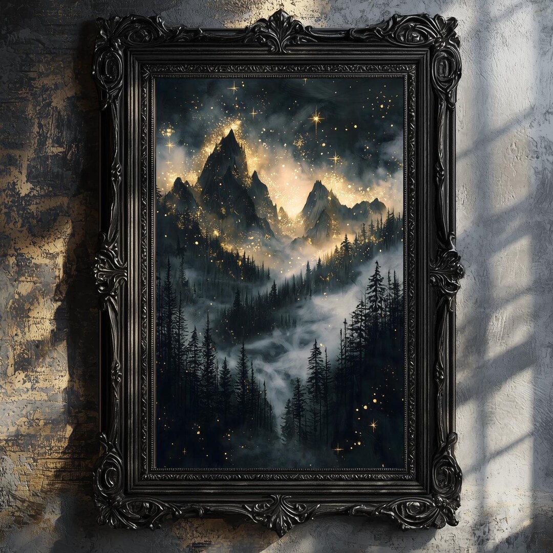 Moody Dark Abstract Night Sky Stars Print Pine Forest Mountains ...