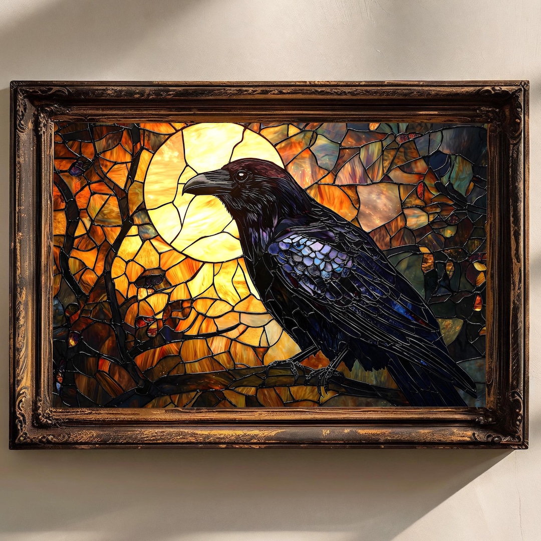 Raven Art Print, Stained Glass Style Crow Wall Art Print Vintage Ravens ...