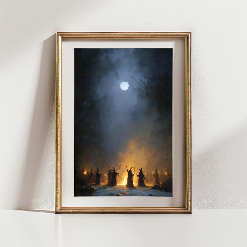 Witch Coven Bonfire Wall Art, Moon Ritual Painting Print, Dark Pagan ...
