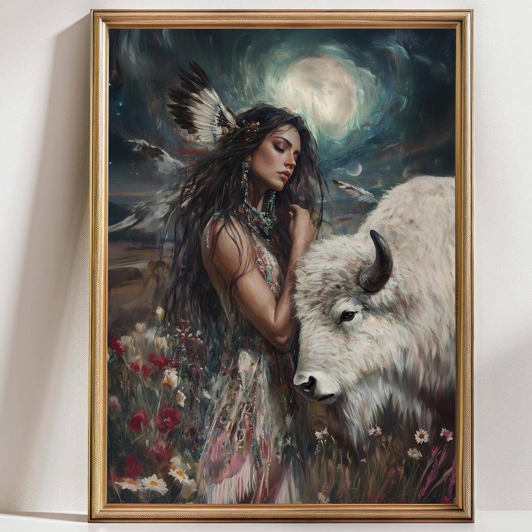 Sioux Goddess With White Buffalo Print, Bison Print Wall Art, Native ...