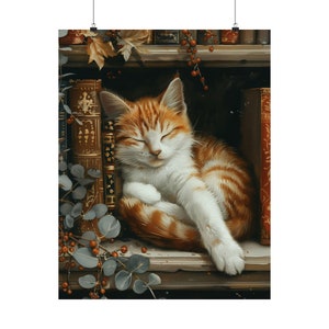 Cute Bookish Red Cat Print Dark Academia Decor Moody Bookish Wall Art ...