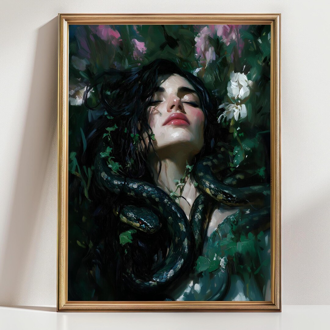 Snakes Art Print, Snake and Woman Painting, Gothic Surreal Wall Decor ...