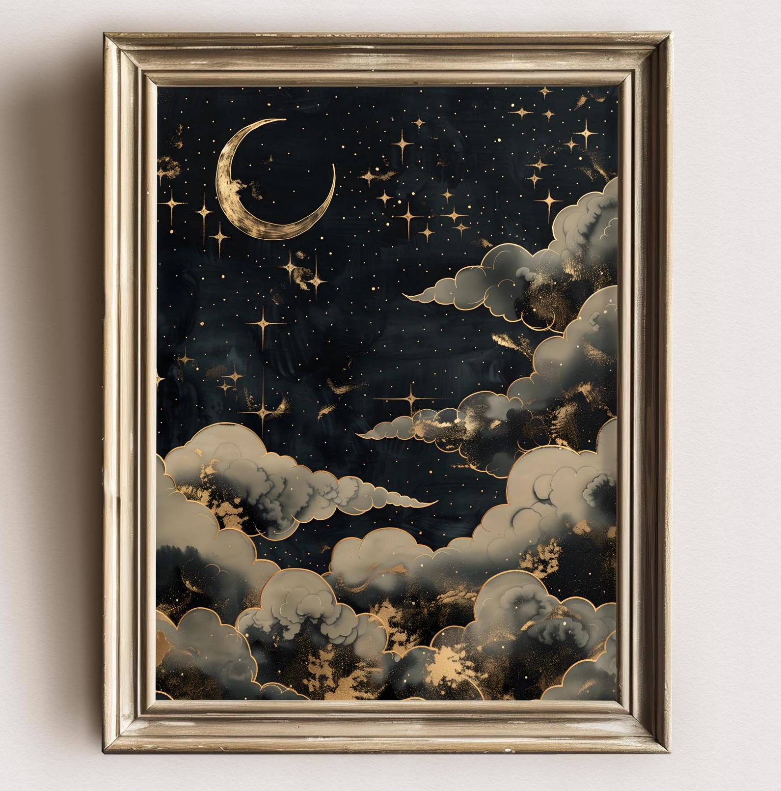 Celestial Crested Moon Wall Art Print ,moody Dark Abstract Night Sky ...