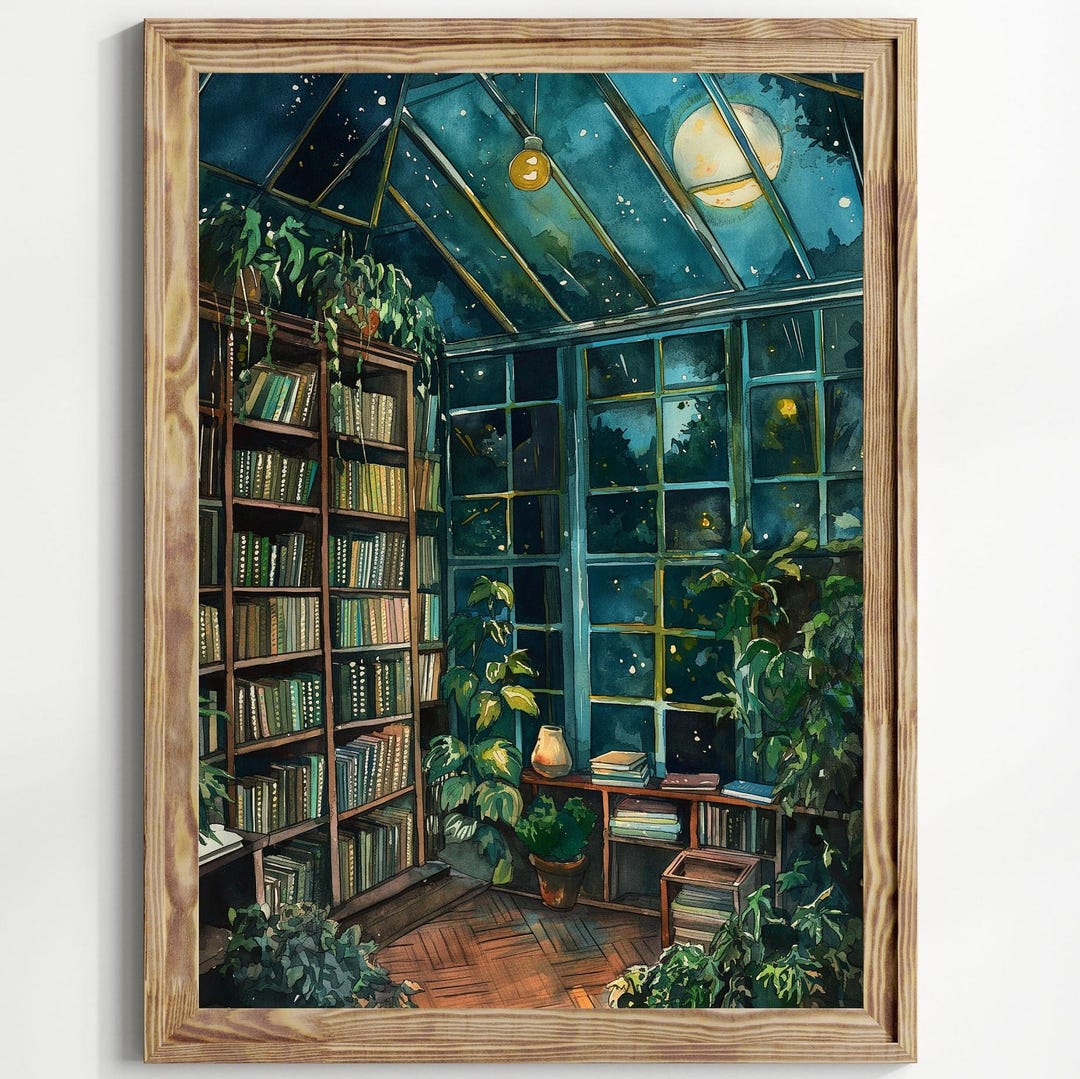 Dark Academia Library and Plants Art Print Moody Enchanting Literature ...