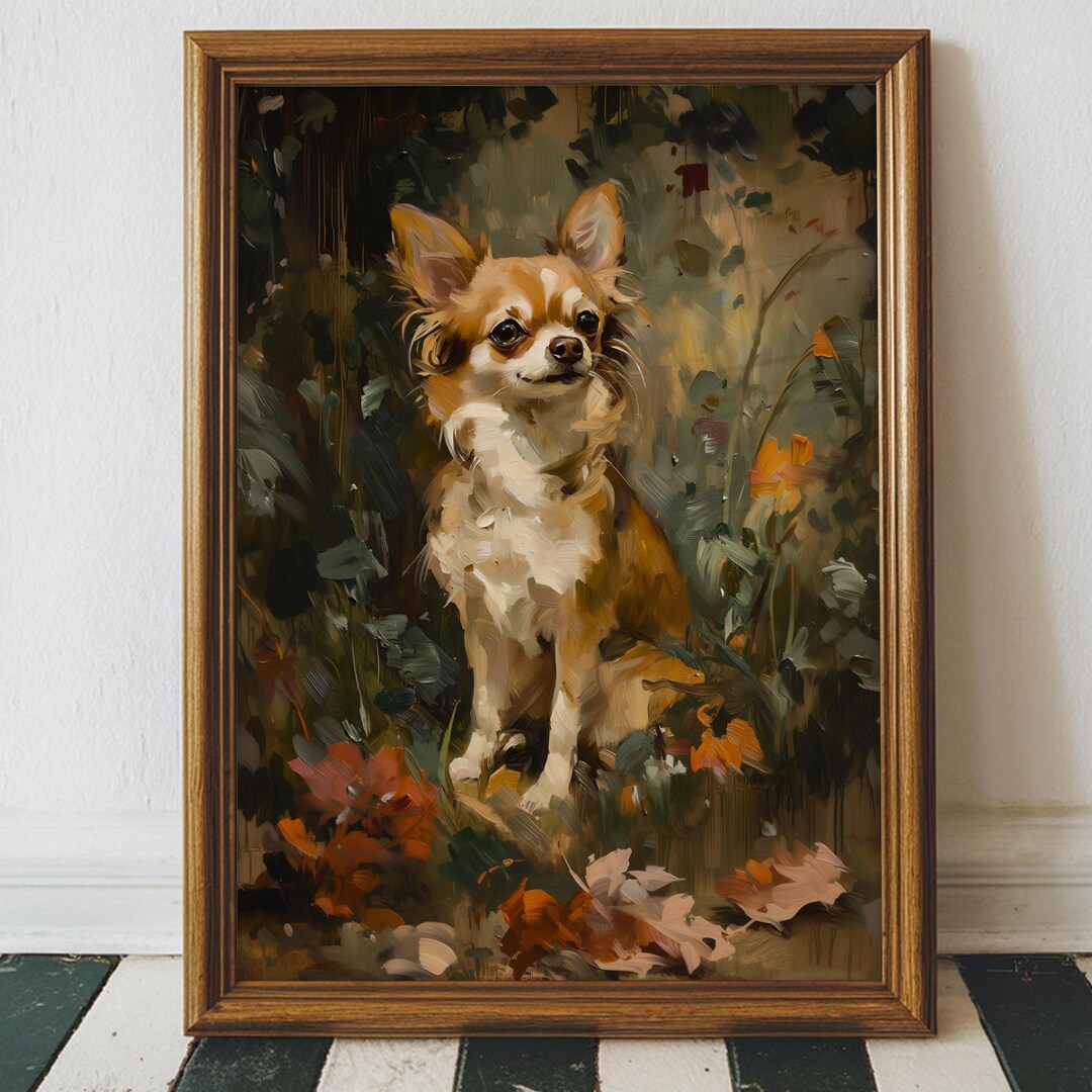 Chihuahua Wall Art, Rustic Floral Dog Print, Cottagecore Pet Portrait ...
