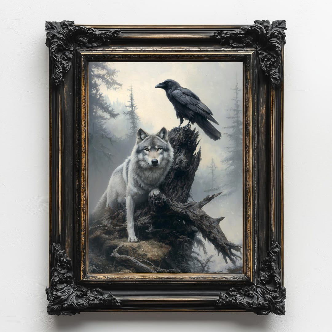 Wolf and Raven Art Print, Wolf Crow Poster, Goth Moody Victorian Wall Art, Dark Decor Aesthetic ...