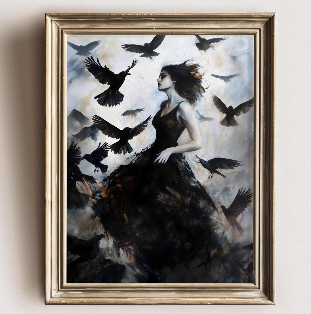 Witch and Crows Wall Art Print Vintage Dark Cottagecore Ravens Painting ...