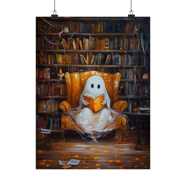 Cute Halloween Ghost Reading a Book Whimsical Halloween Ghost Wall Art ...