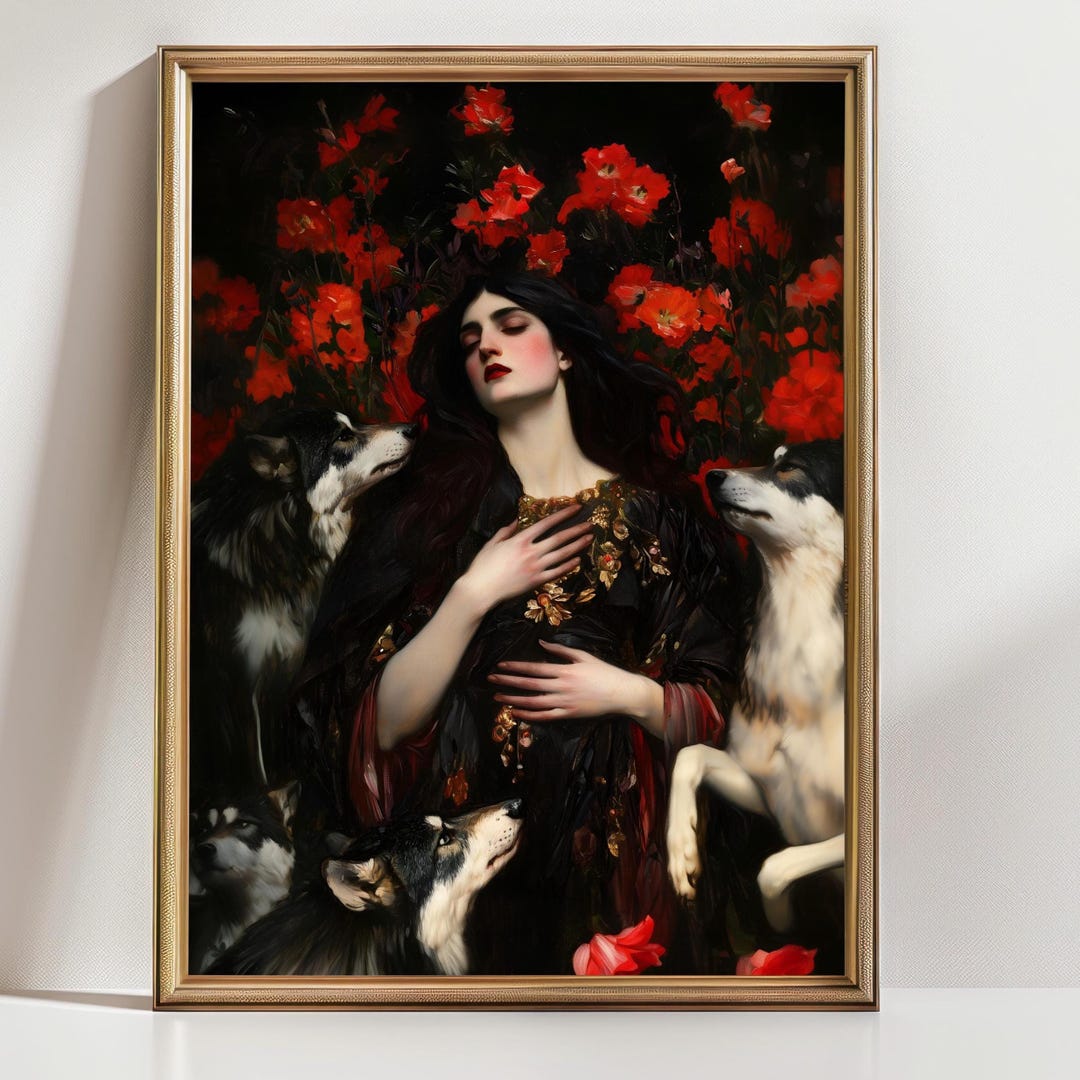 Dark Goddess Hecate With Wolves Art Print – Gothic Woman Portrait With ...