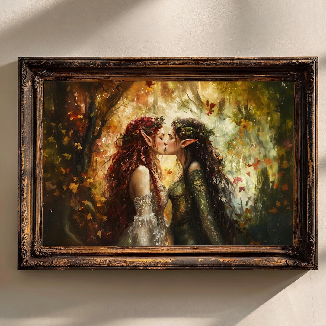 Elven Lovers Fantasy Art Print – Romantic Elf Couple Kiss, Whimsical ...