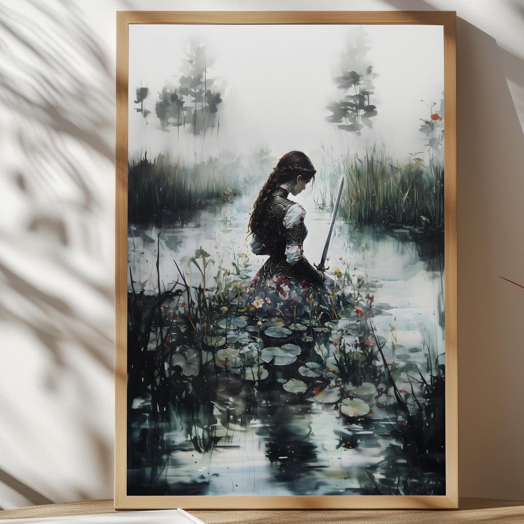 Warrior Girl in Misty Pond Art Print – Fantasy Sword Maiden Wall Art ...