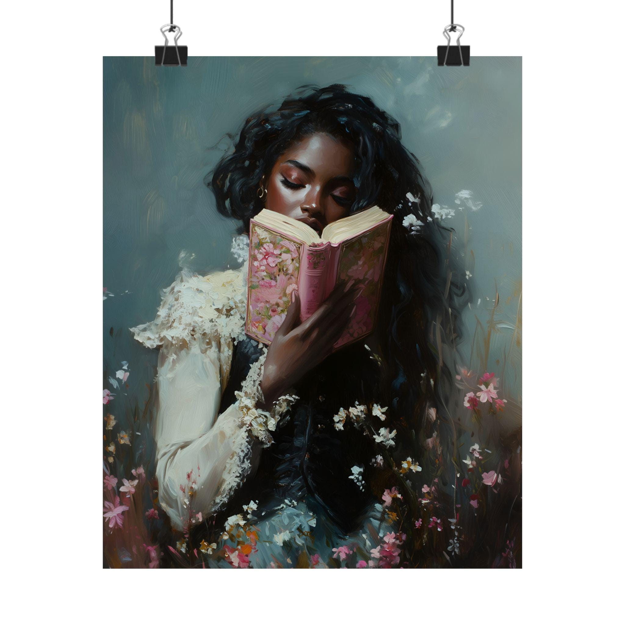 Whimsical Reading Poster, Dreamy Art Print, Floral Black Woman Artwork ...