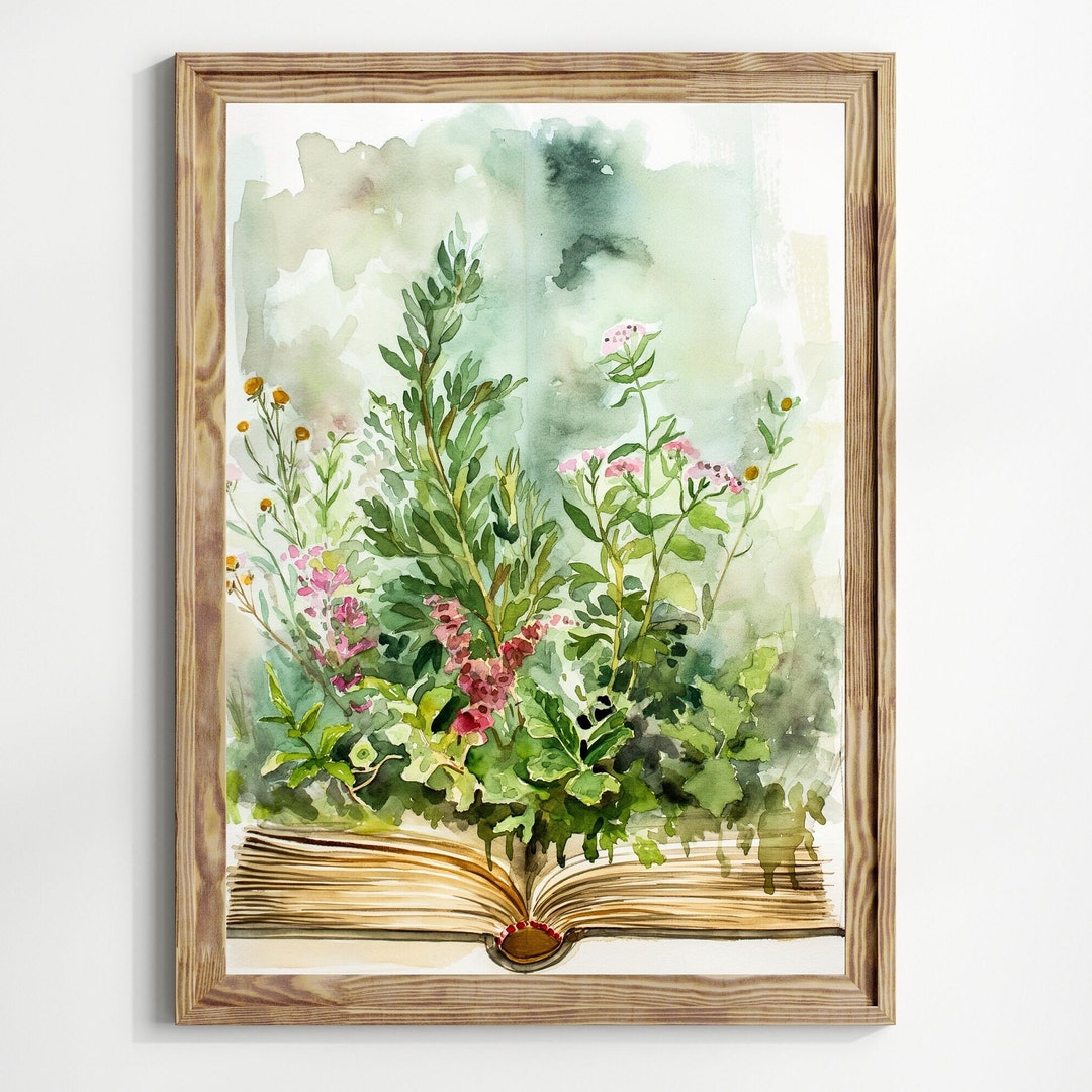 Botanical Watercolor Bookish Art Poster, Moody Wall Art Stack of Books ...