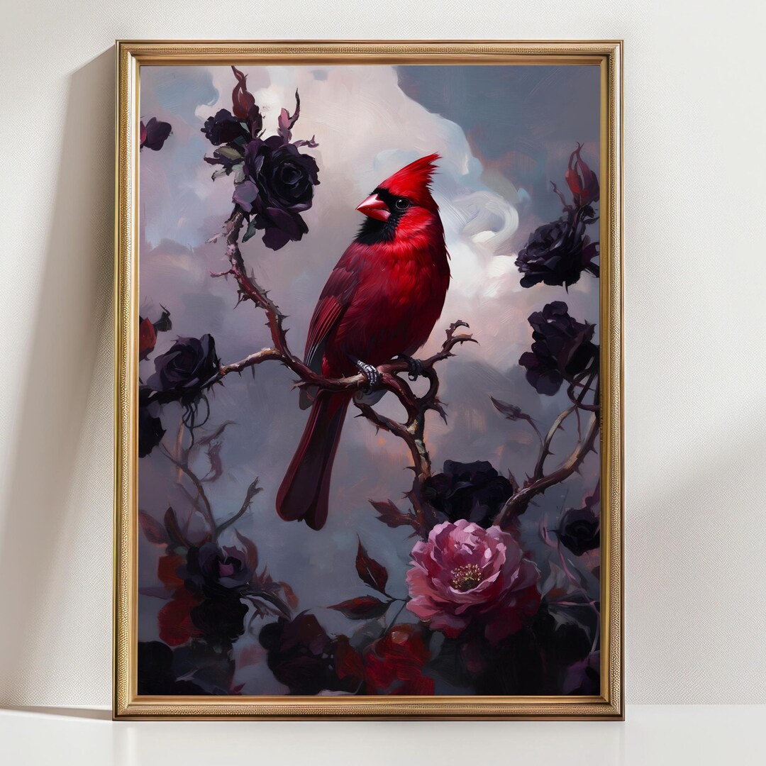 Red Cardinal Wall Art, Gothic Floral Bird Print, Dark Nature Fantasy ...