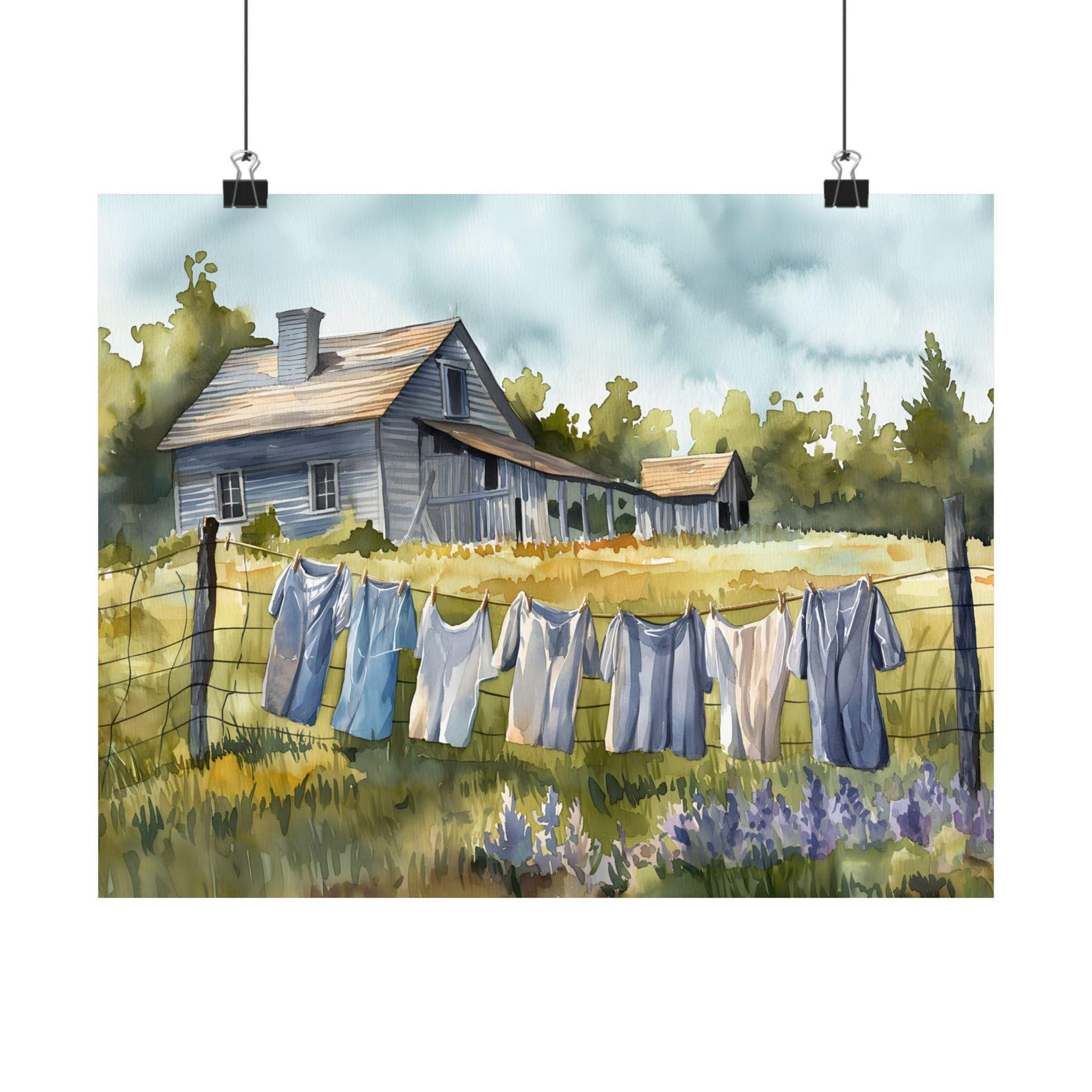 Farmhouse Art Print, Rustic Laundry Line Painting, Country Cottage Wall ...
