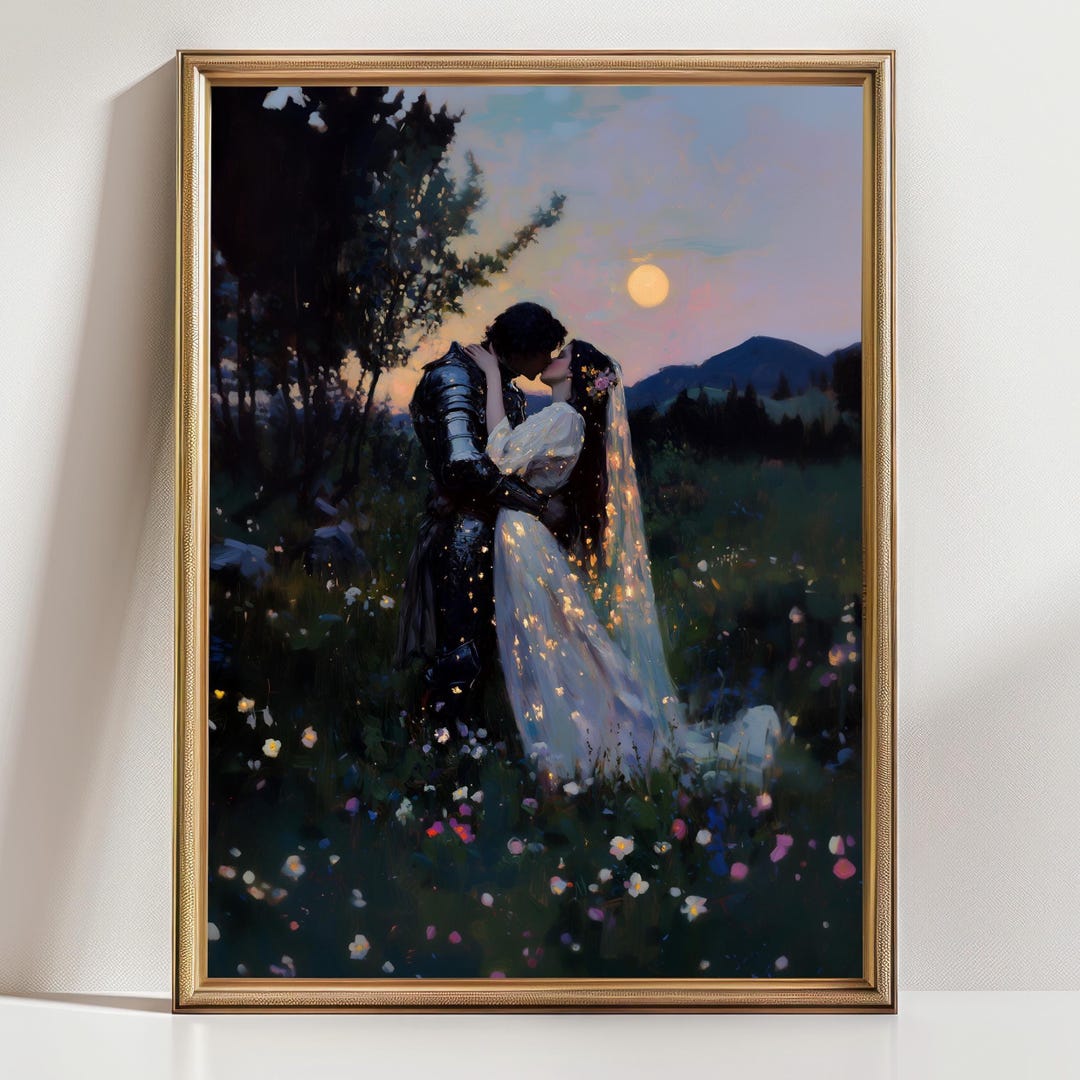 Knight and Bride Moonlight Kiss Wall Art – Romantic Fantasy Painting ...