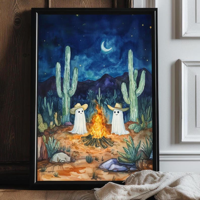 Cowboy Ghost Desert Wall Art, Cute Halloween Cactus Print, Whimsical ...