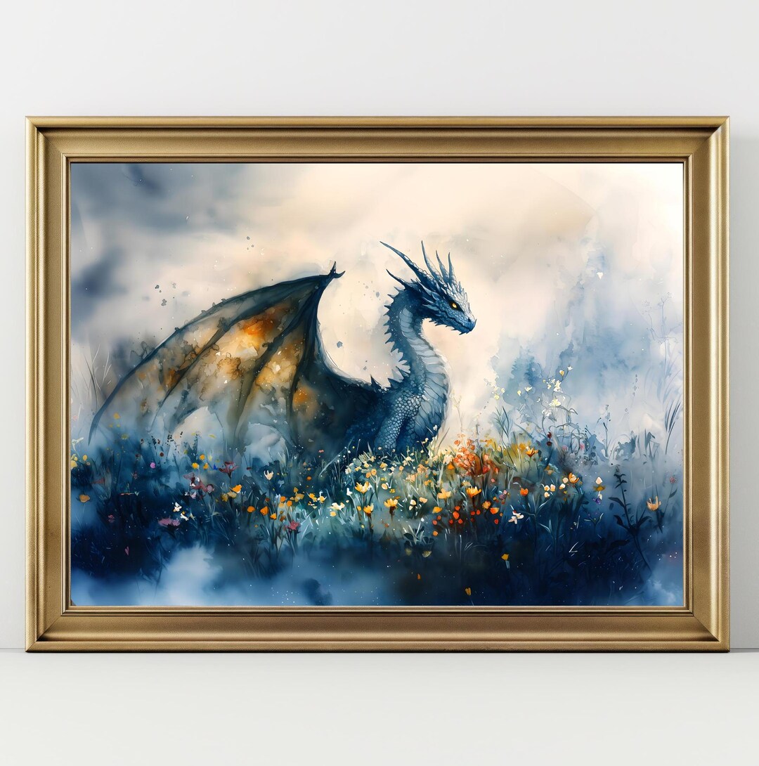 Mystical Dragon Wildflowers Horizontal Art Print, Fantasy Wall Art ...