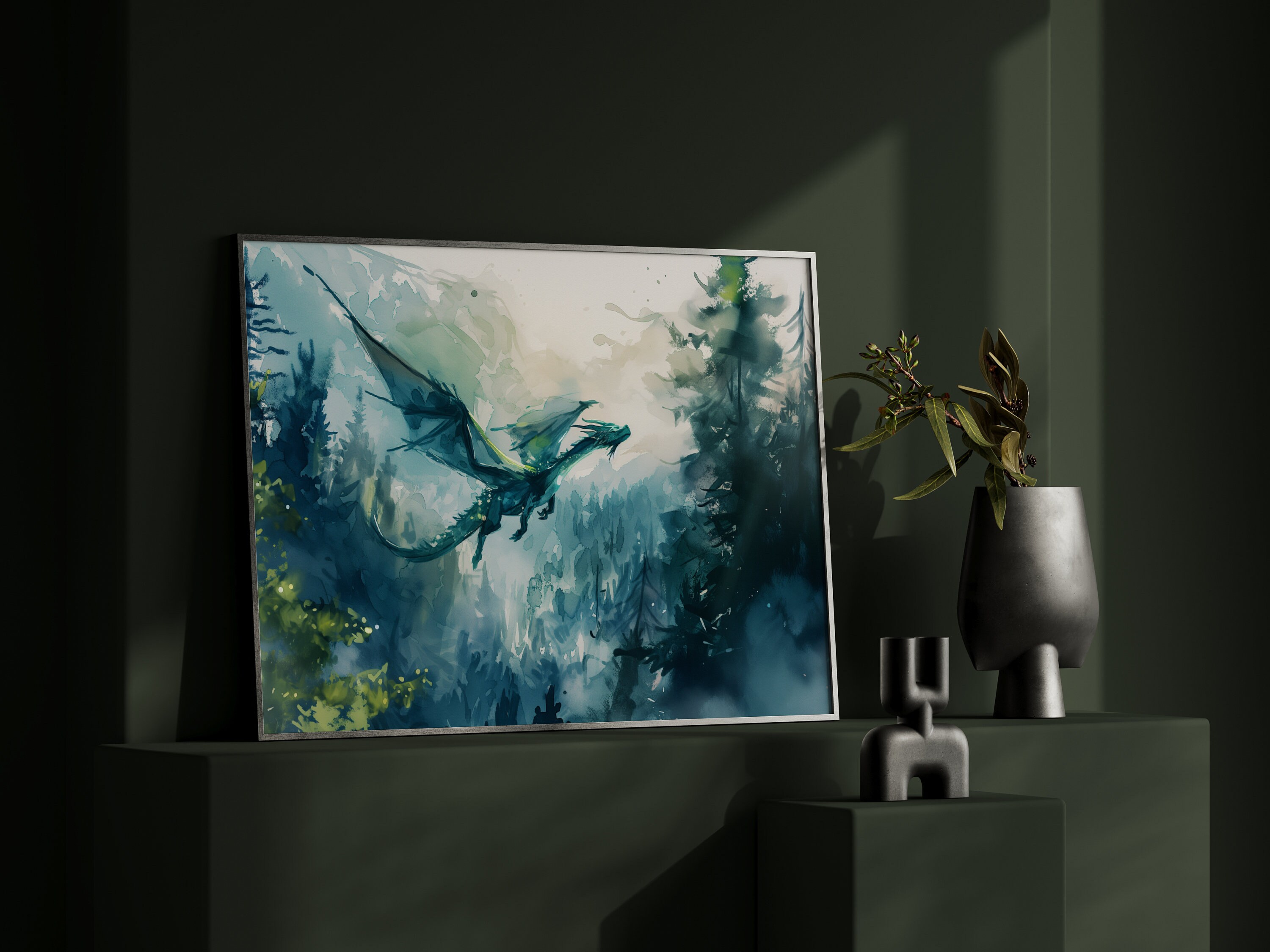 Forest Dragon Watercolor Art Horizontal Poster Print Fantasy Art Forest ...