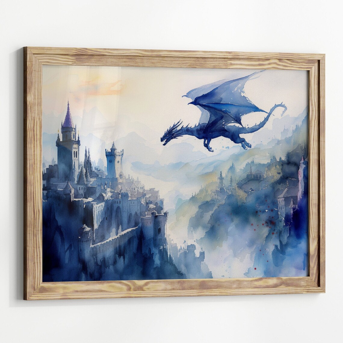 Blue Dragon Watercolor Art Horizontal Poster Print Fantasy Art Castle ...