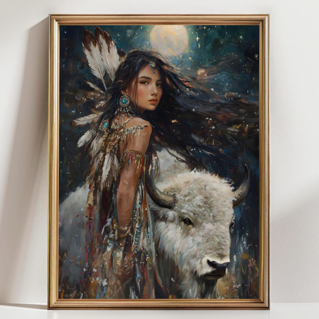 Sioux Goddess With White Buffalo Bison Print, Matte Print Wall Art ...