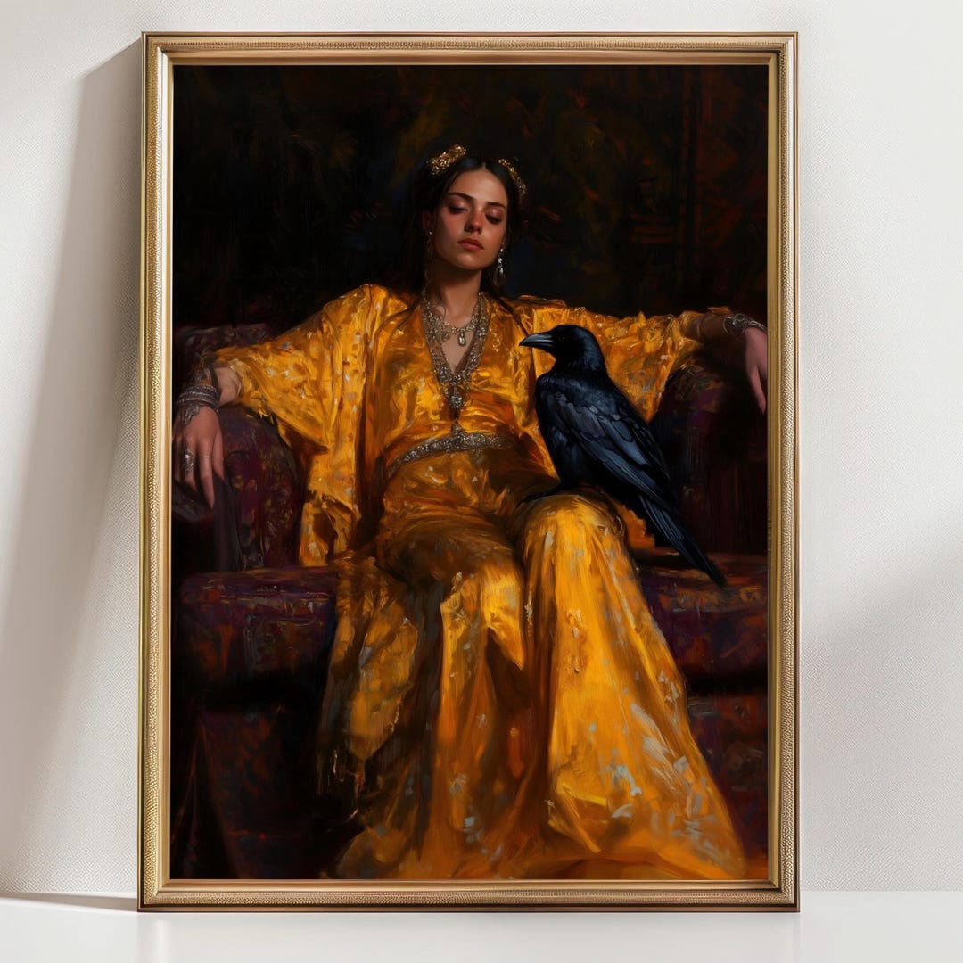 Regal Woman With Raven Wall Art, Dark Academic Portrait Print, Gothic ...