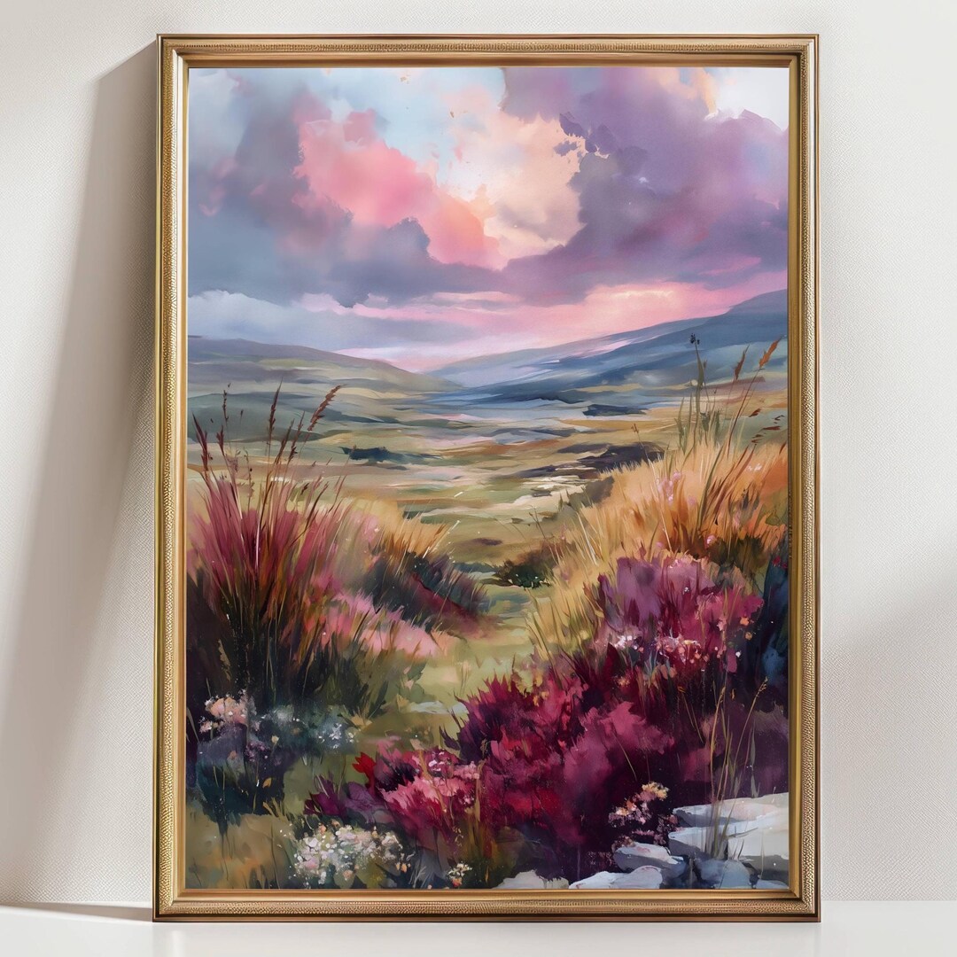 Romantic Moorland Sunset Print – Wildflower Landscape Wall Art ...