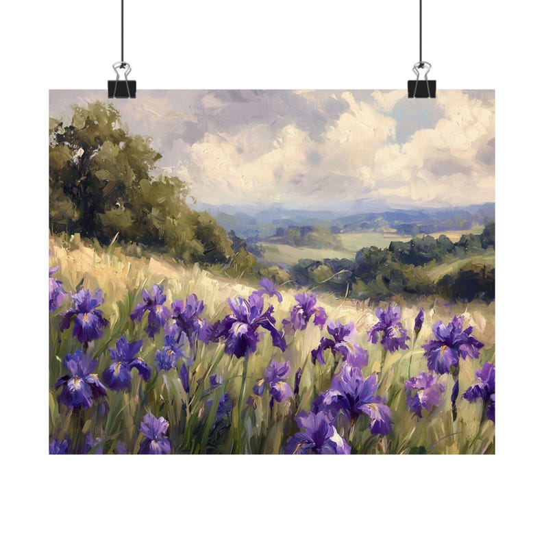 Iris Flower Field Art Print, Impressionist Landscape Wall Art, Purple ...