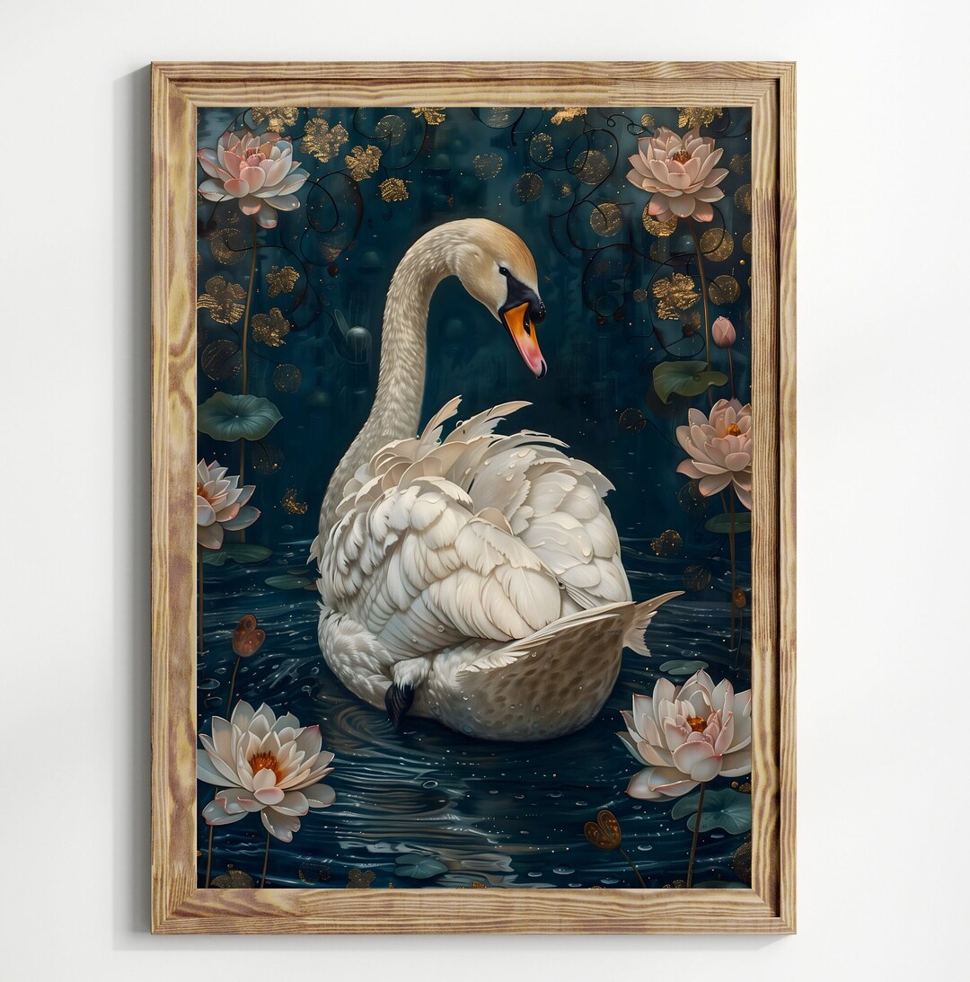 Swan and Wildflowers Moody Painting, Forestcore Art, Moody Botanical ...