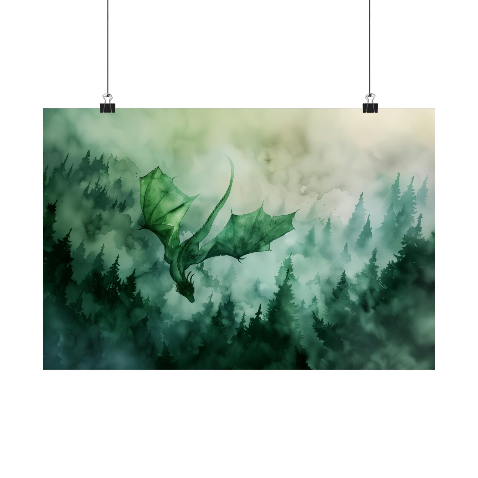 Forest Dragon Watercolor Art Horizontal Poster Print Fantasy Art Forest ...