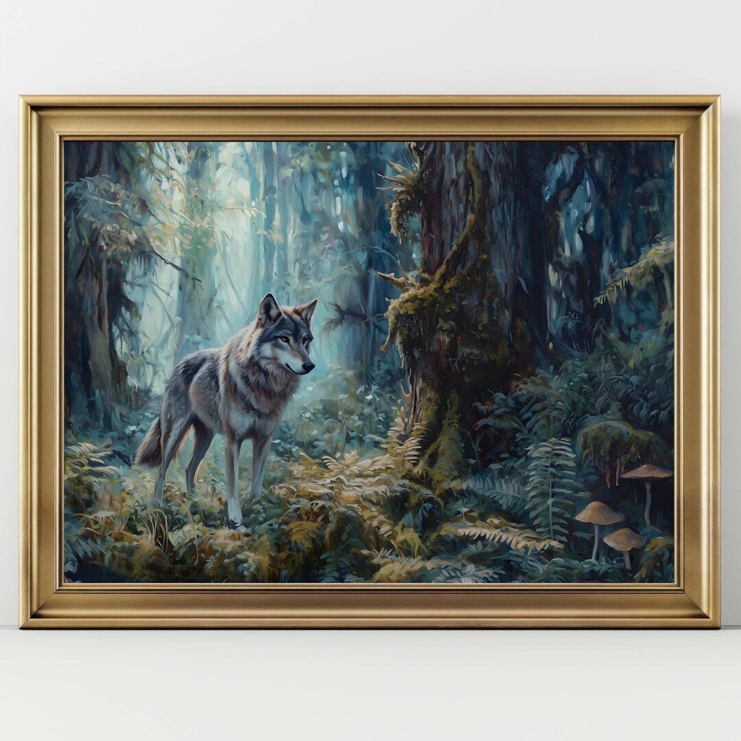 Wolf Enchanted Forest Print, Mystical Woodland Wall Art, Misty Nature ...