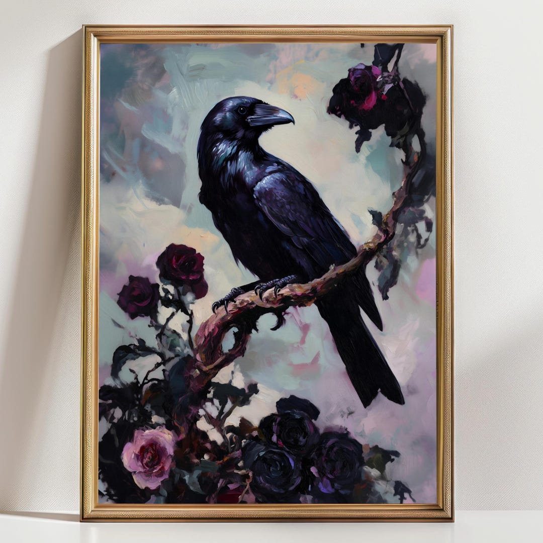 Raven and Roses Art Print, Gothic Raven Wall Decor, Dark Academia Crow ...