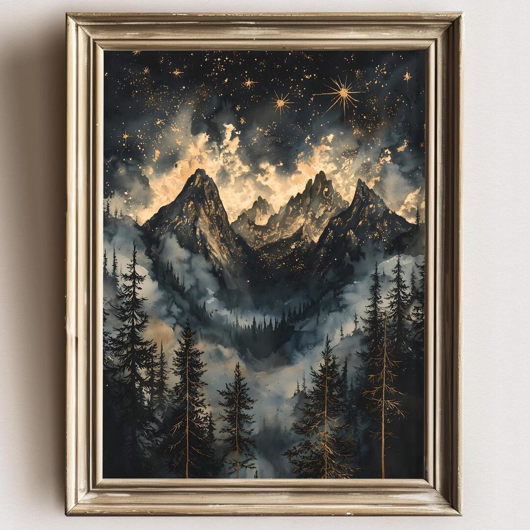 Moody Dark Abstract Night Sky Stars Print Pine Forest Mountains ...
